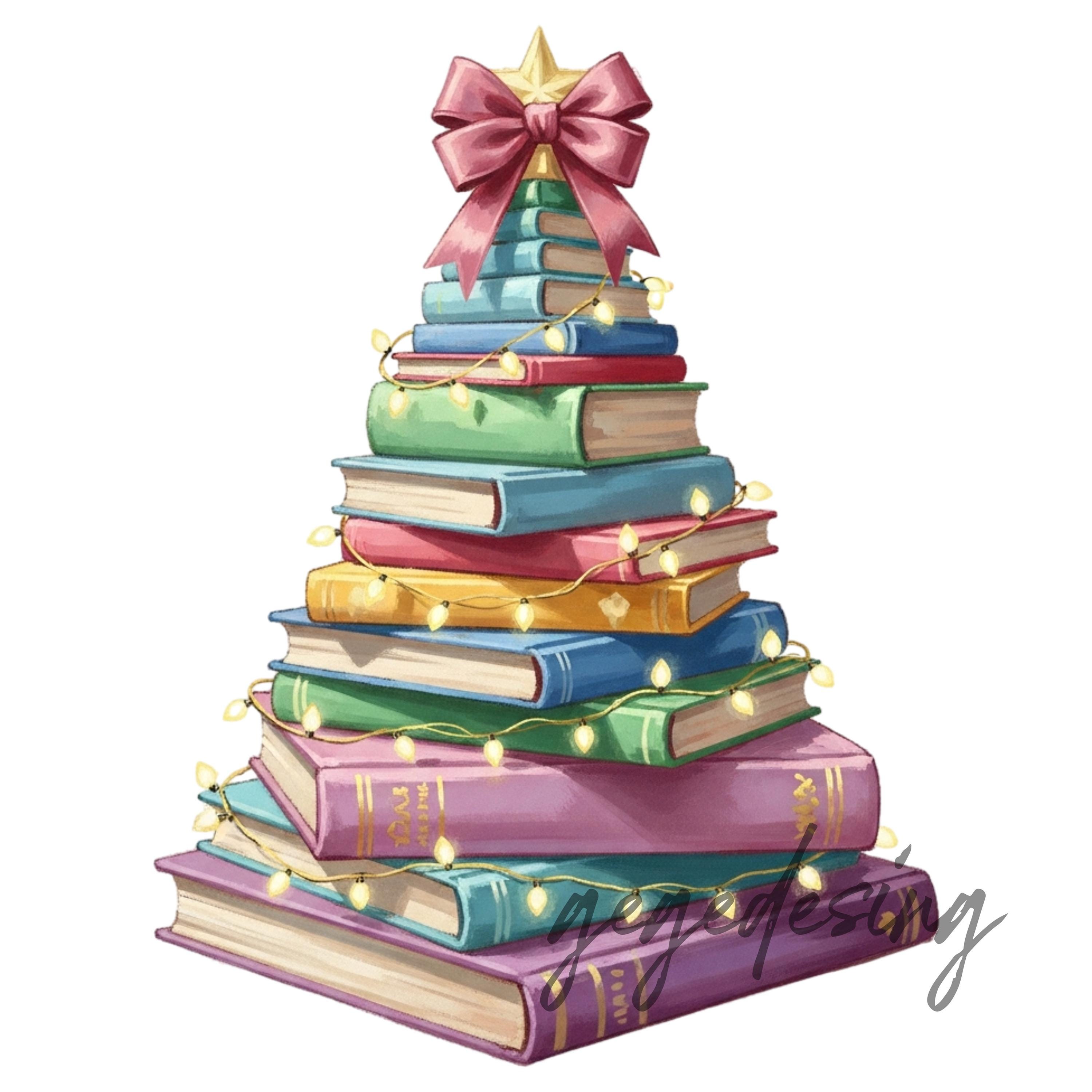Book Christmas Tree PNG | Holiday Book Stack Design (digital Download ...