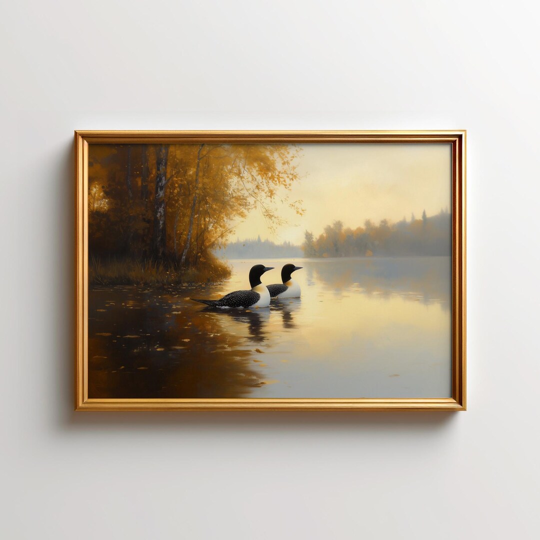 Loon Wall Art: Sunset Lake Foggy Poster, Canada Wildlife Decor, Couple ...