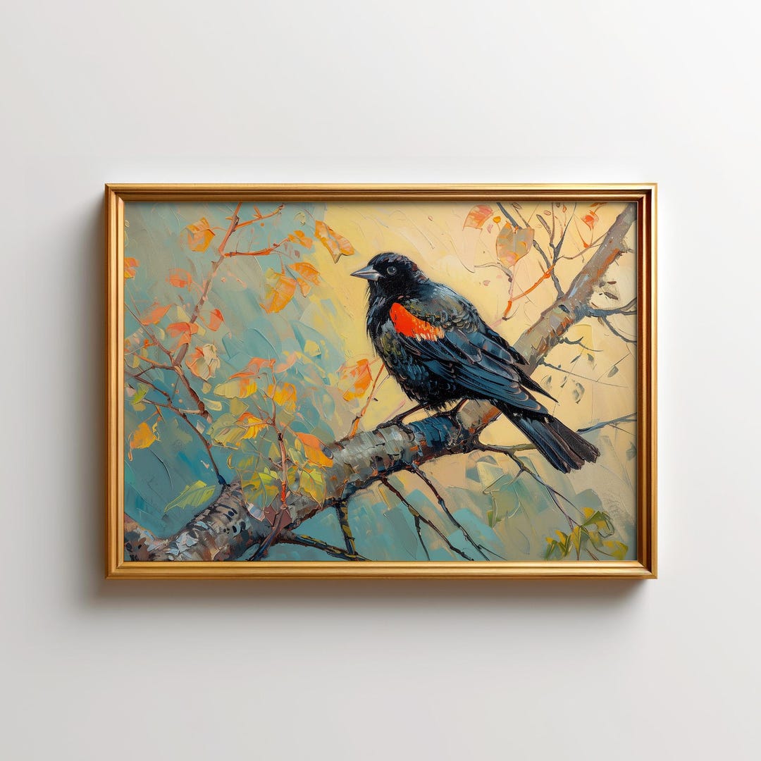 Red-winged Blackbird Painting | North America Bird Art Wall Decor | Red ...