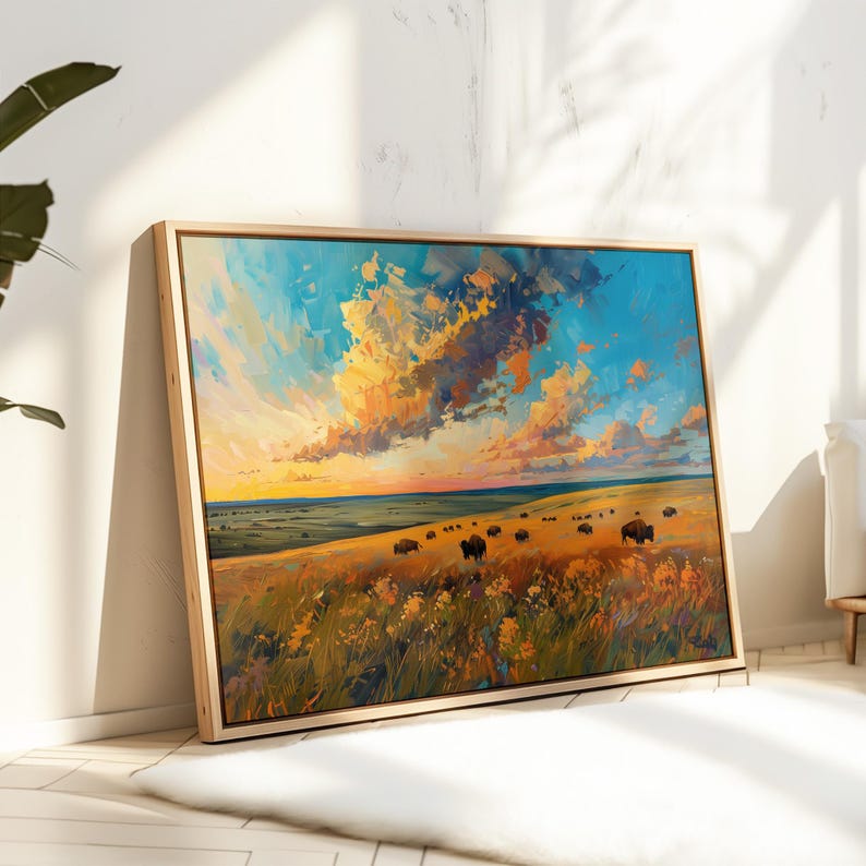 Bison Wall Art Sunset Meadow Painting | Saskatchewan Landscape | Canada ...