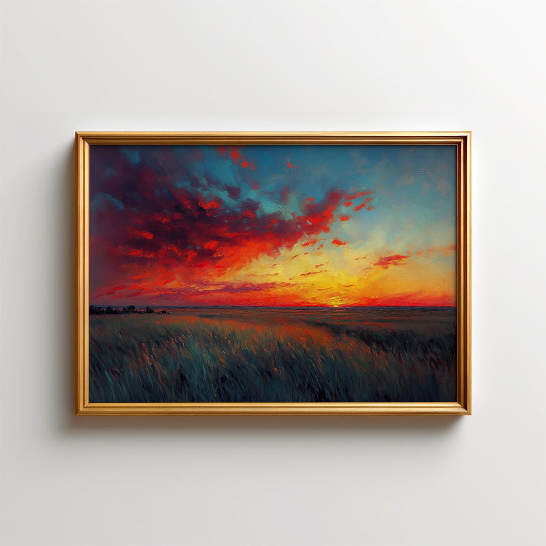 Tallgrass Prairie Sunset Art Print, Burning Clouds Grassland Poster ...