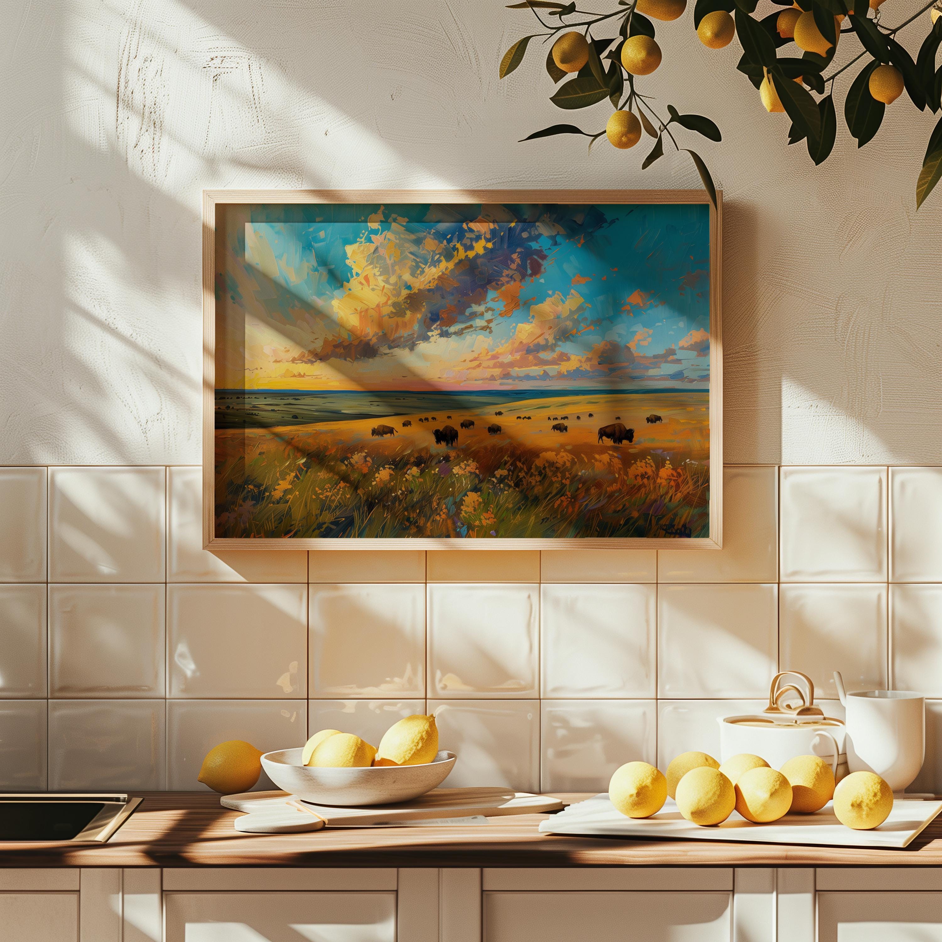 Bison Wall Art Sunset Meadow Painting | Saskatchewan Landscape | Canada ...