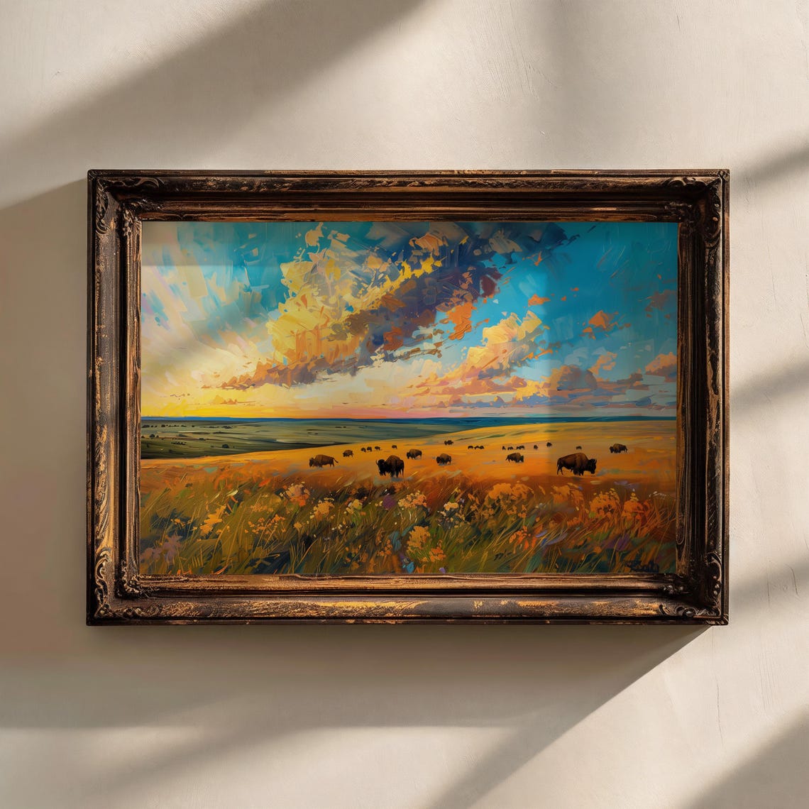 Bison Wall Art Sunset Meadow Painting | Saskatchewan Landscape | Canada ...