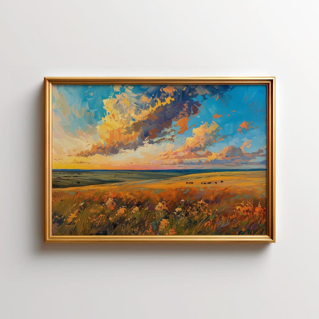 Sunset Meadow Painting of Bisons Wall Art of Field Landscape Painting ...