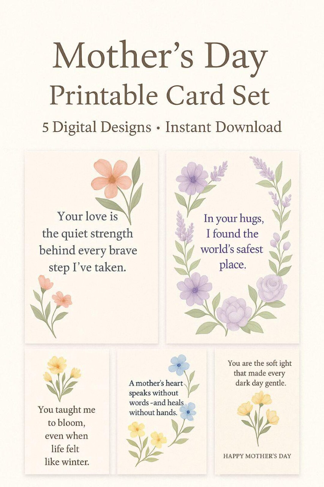 Mother's Day Printable Card Set - 5 Digital Floral Cards With Heartfelt ...