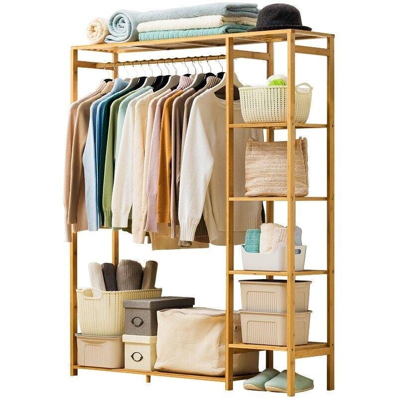 6 Tier Bamboo Garment Rack Storage Shelves Clothes Hanging Wardrobe ...