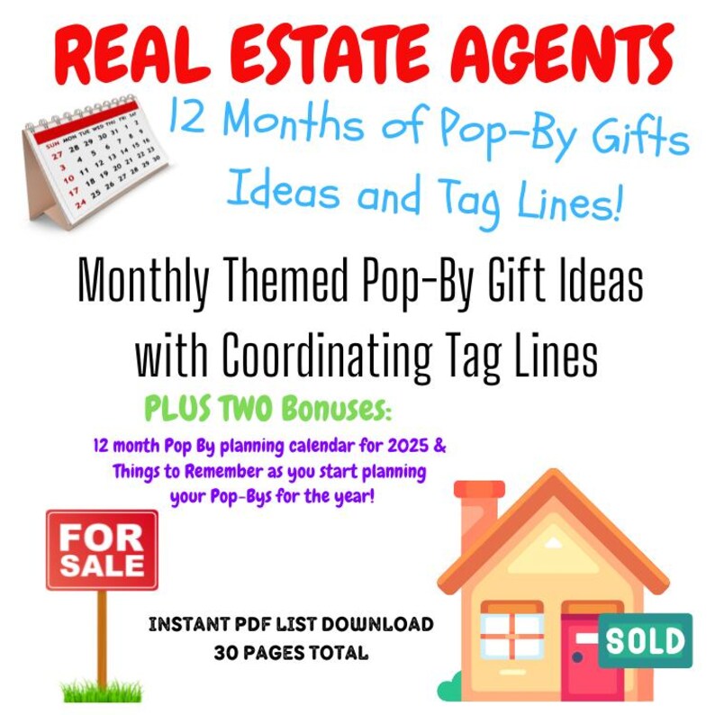 Realtor Pop-by Gift Ideas: 12-month Marketing Calendar (PDF Download ...