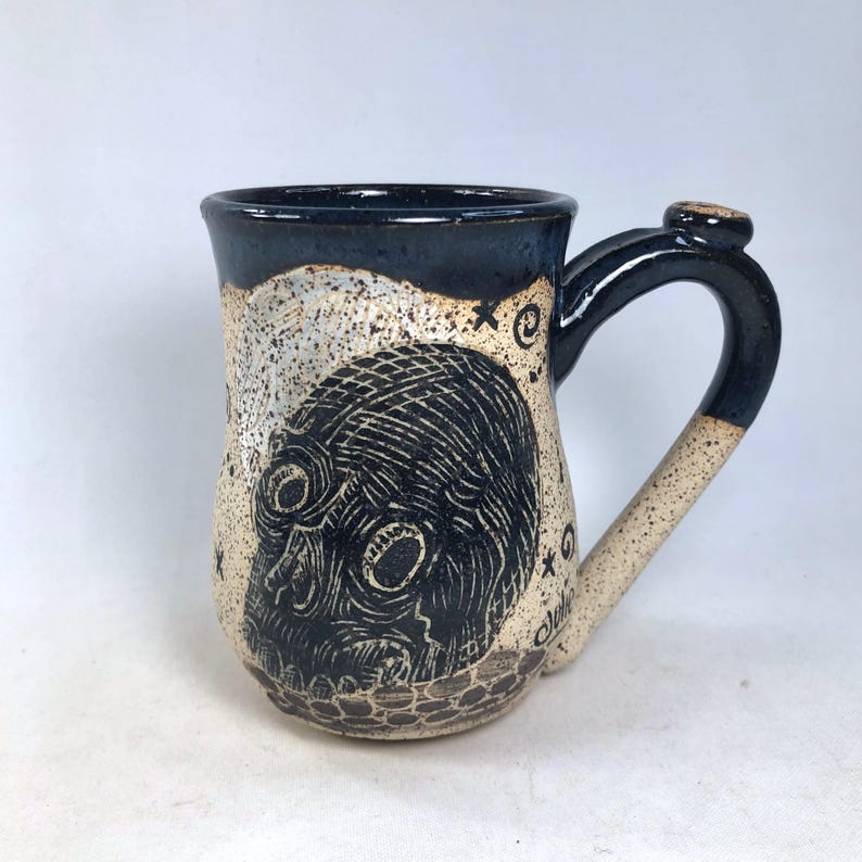 Handmade Pottery, Stoneware Mug, Hand Painted, Skull, Sgraffito, Goth ...