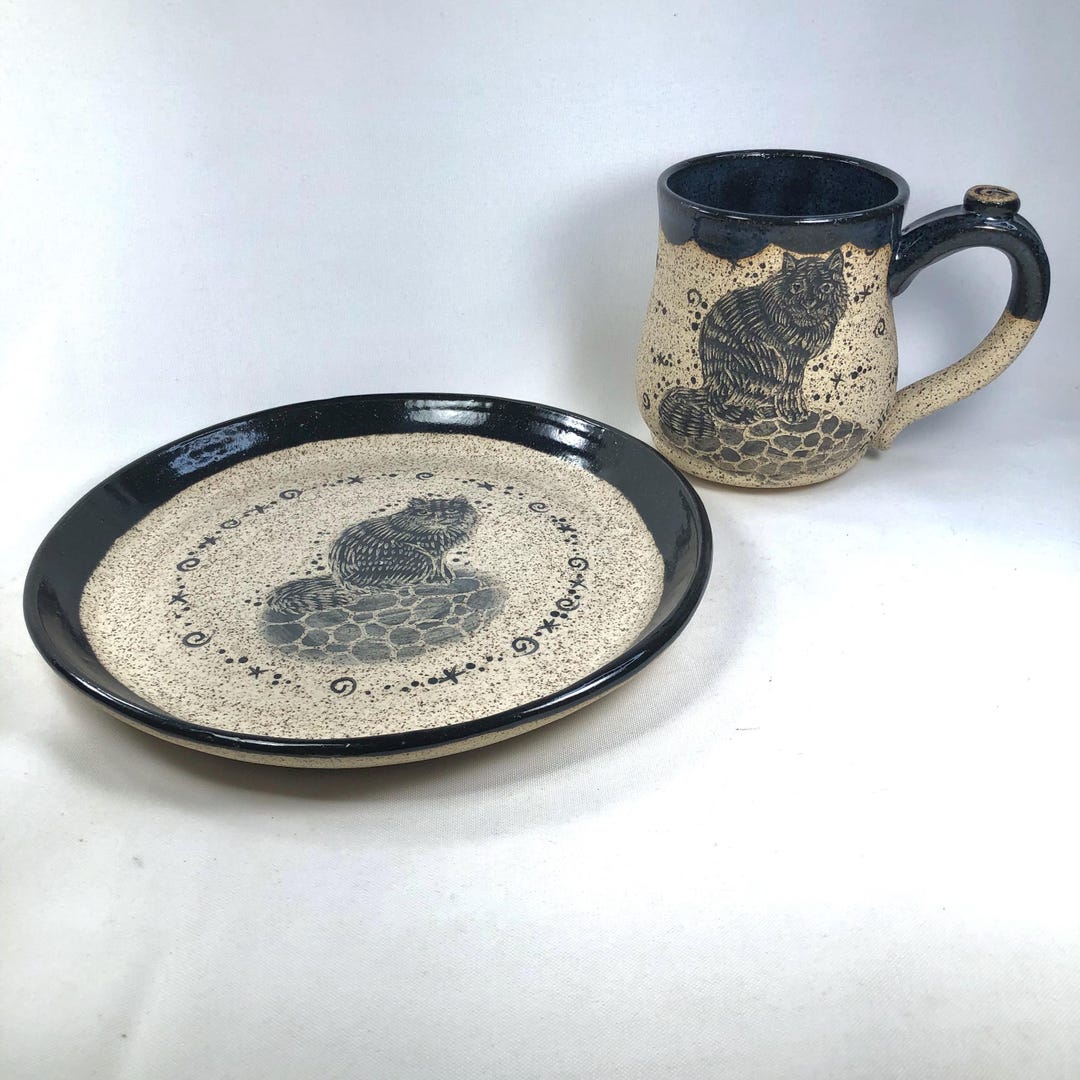 Handmade Stoneware Mug and Plate Set: Hand-painted Cat Design ...