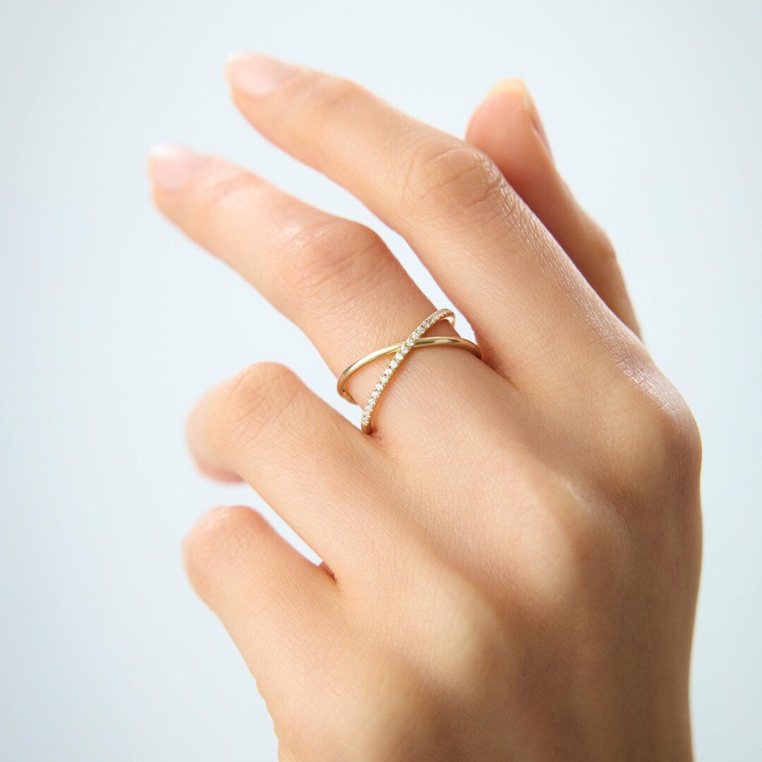 14k Gold Crossover Ring Lab-created Diamond Simulant, Elegant Criss ...