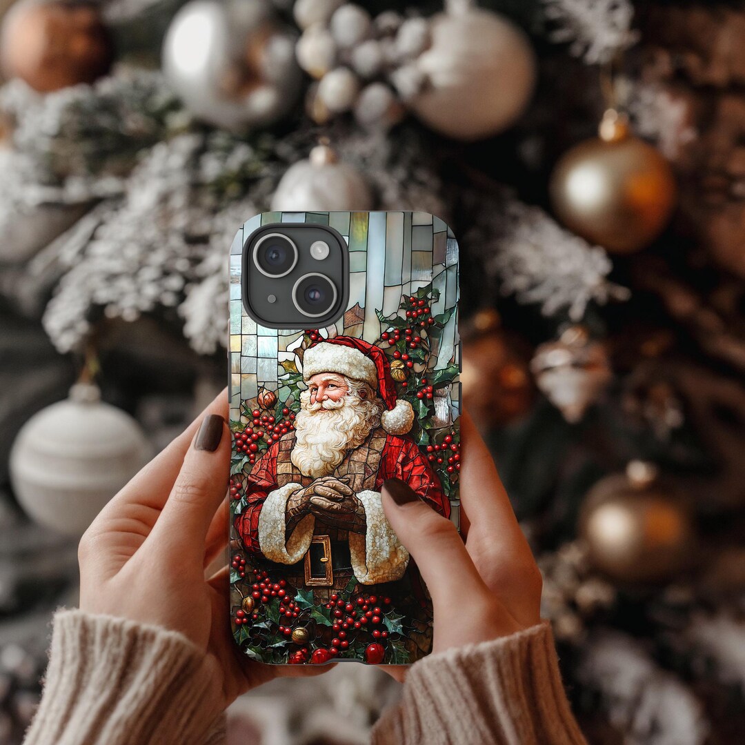 Stained Glass Retro Santa Claus Phone Case for iPhone 15 14 13 12, Faux ...