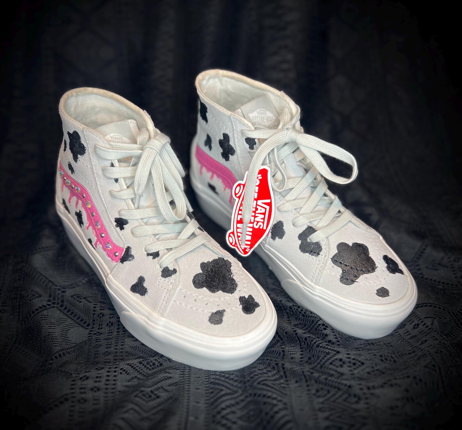 Platform Suede Womens Custom Cow Print Vans With Rhinestones Drip ...