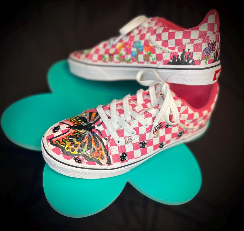 Seldan Checkerboard Honeysuckle Custom Handpainted Butterfly Vans - Etsy