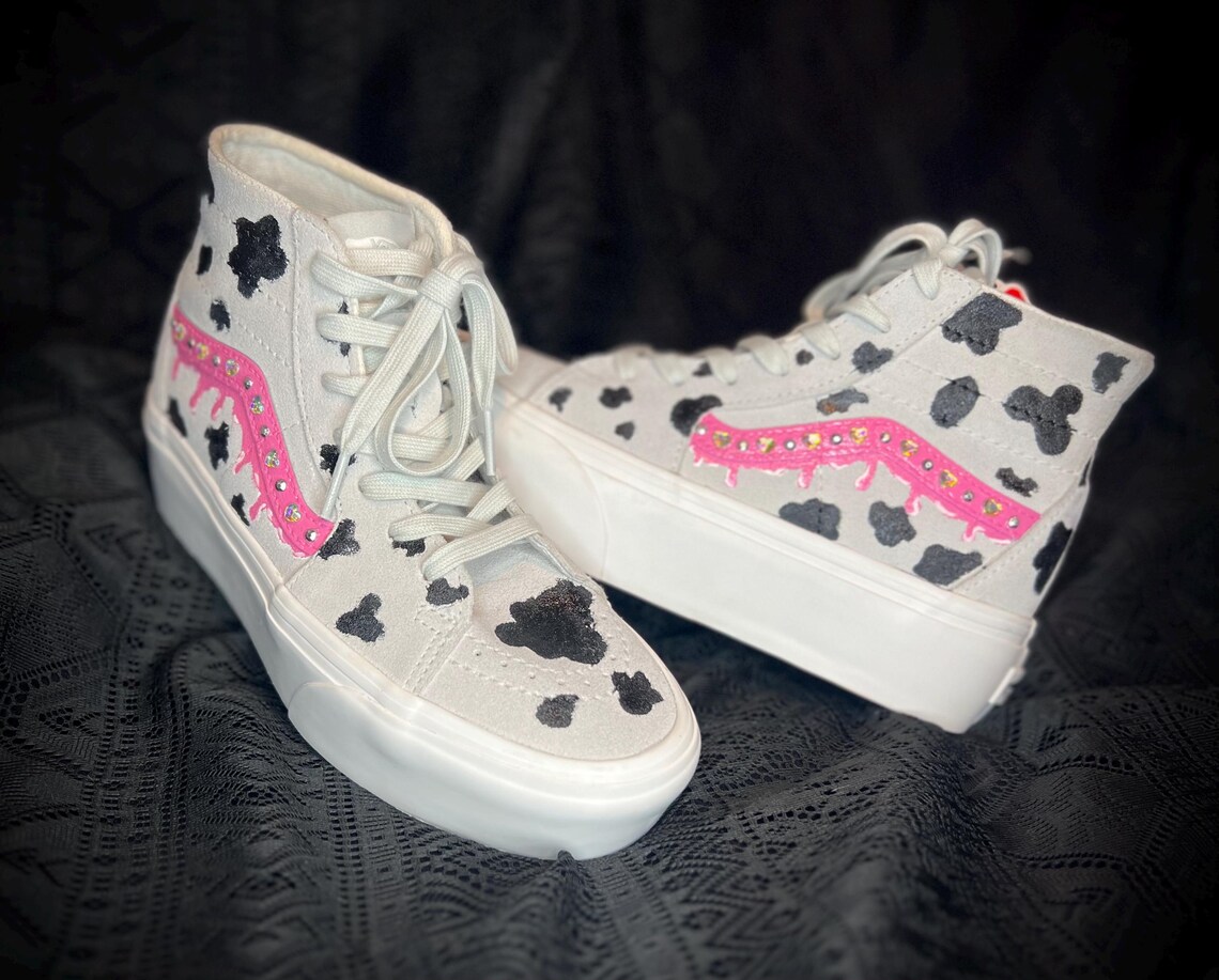Platform Suede Womens Custom Cow Print Vans With Rhinestones Drip ...