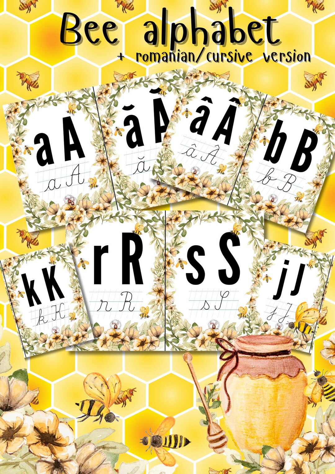 Alphabet cursive/romanian Version Bee/yellow Themed Classroom Decor - Etsy