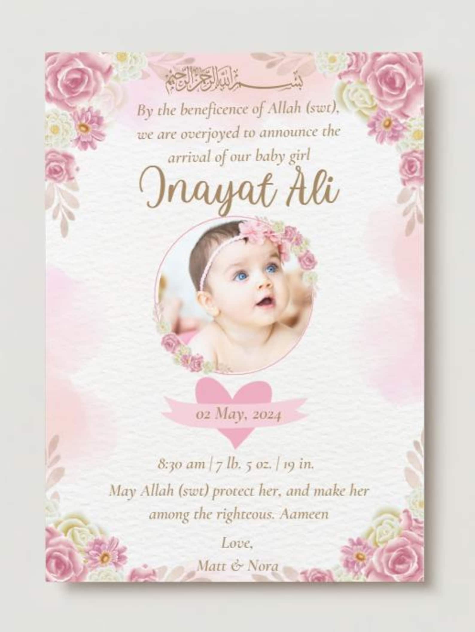 Muslim Baby Girl Birth Announcement || Editable Digital Template ...