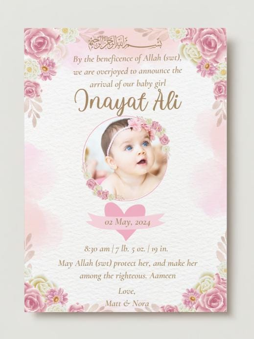 Muslim Baby Girl Birth Announcement || Editable Digital Template ...