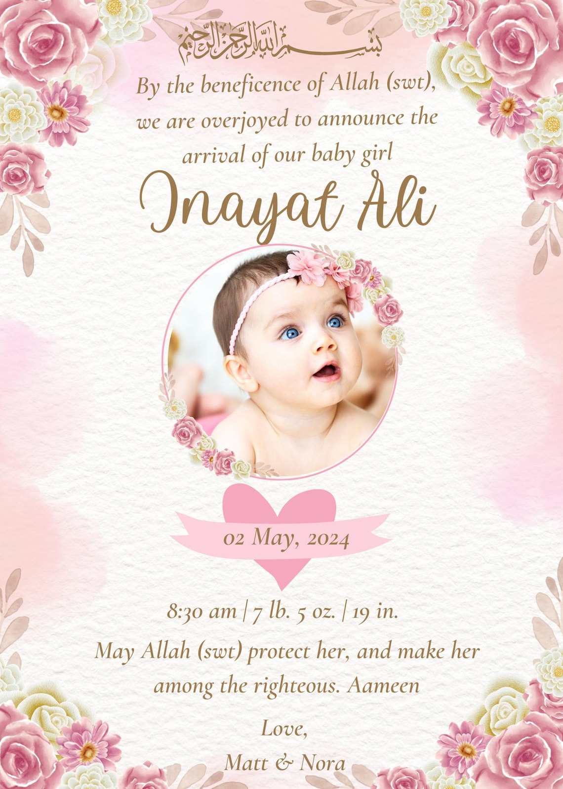 Muslim Baby Girl Birth Announcement || Editable Digital Template ...