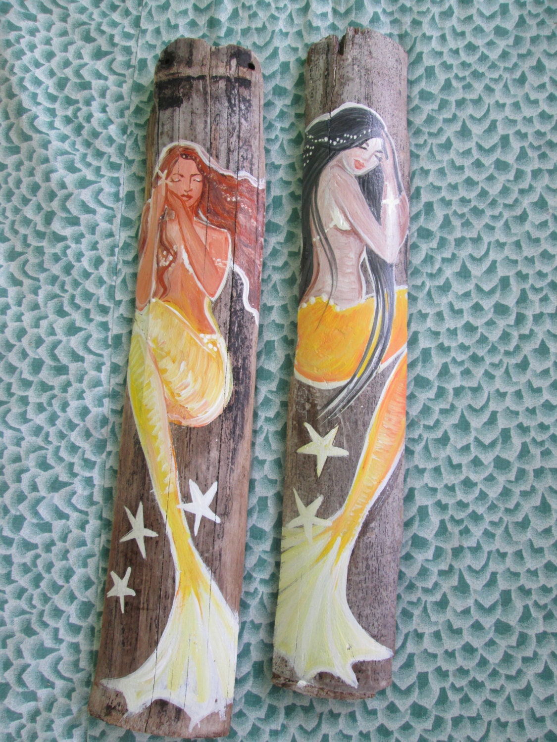 Custom Color Pair of Hand Painted Mermaids Mermaid on Driftwood ...