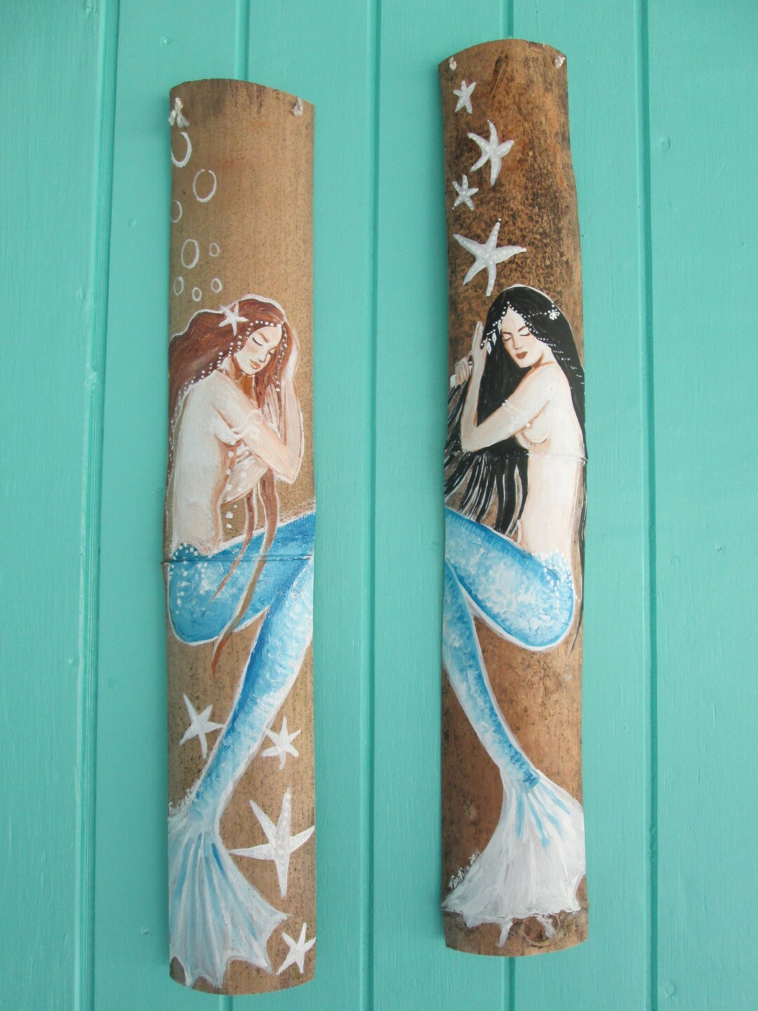 Two Mermaids Hand Painted on Driftwood, Mermaid Wall Art, Custom Color ...
