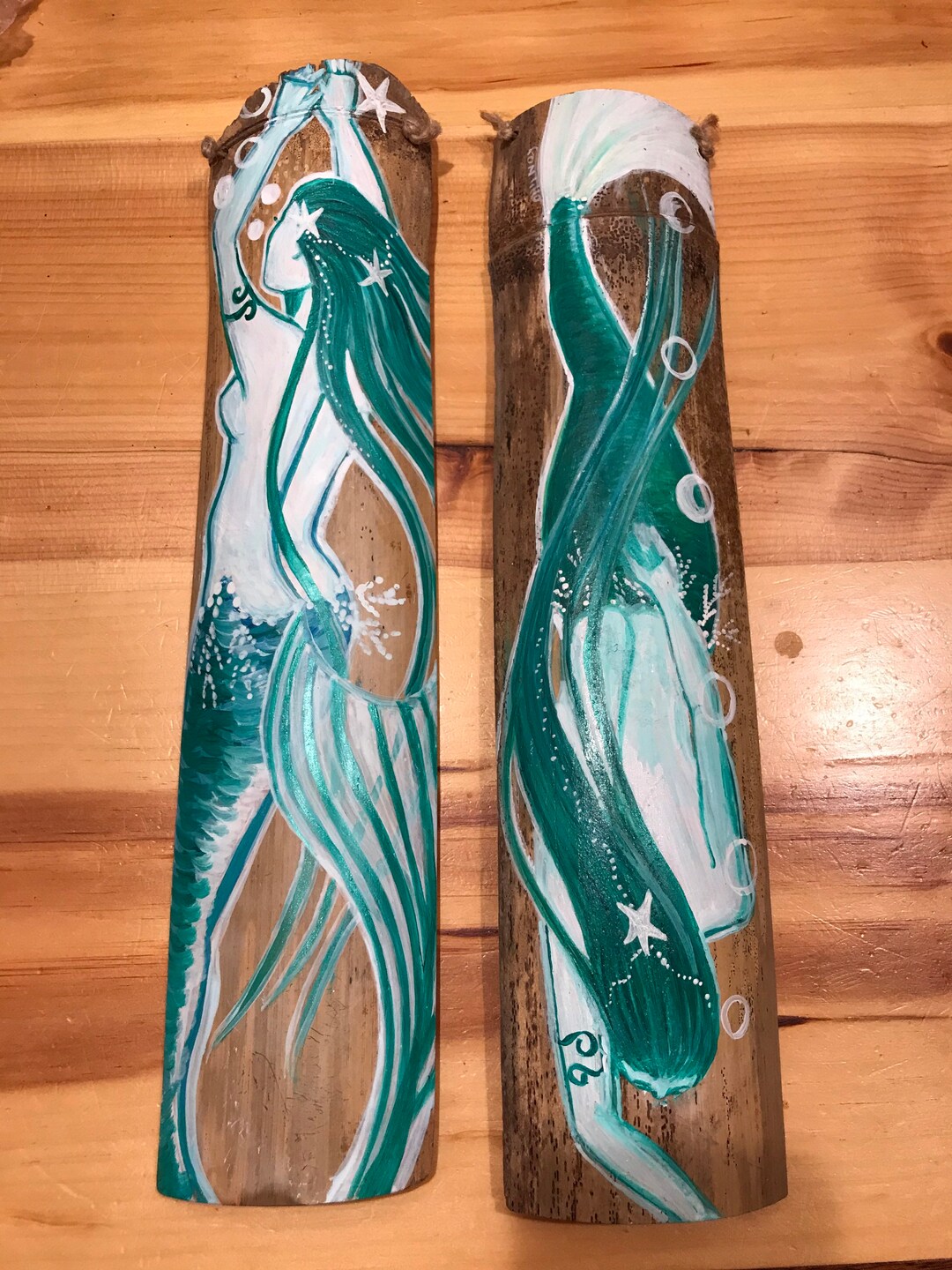 Set of Two Beautiful Emerald Green Mermaids Hand Painted on Driftwood ...