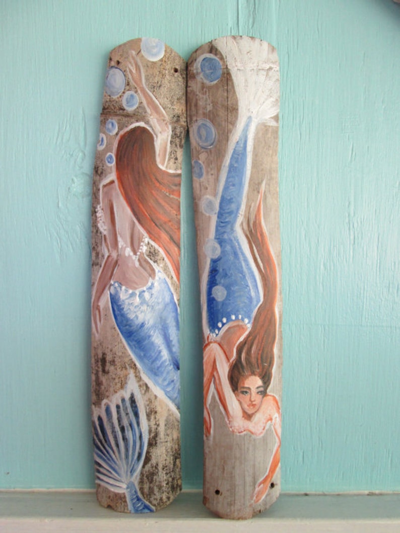 Hand Painted Mermaid Wall Art on Driftwood, Blue Coastal Home Decor - Etsy