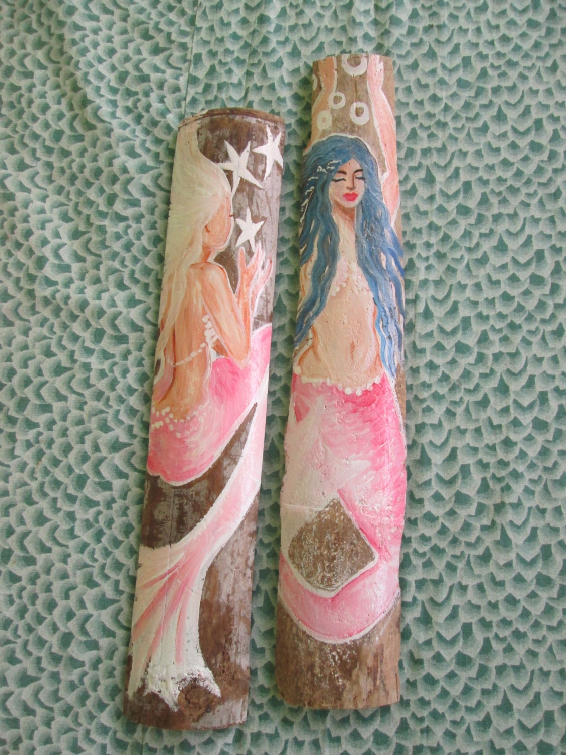 Custom Color Pair of Hand Painted Mermaids Mermaid on Driftwood ...