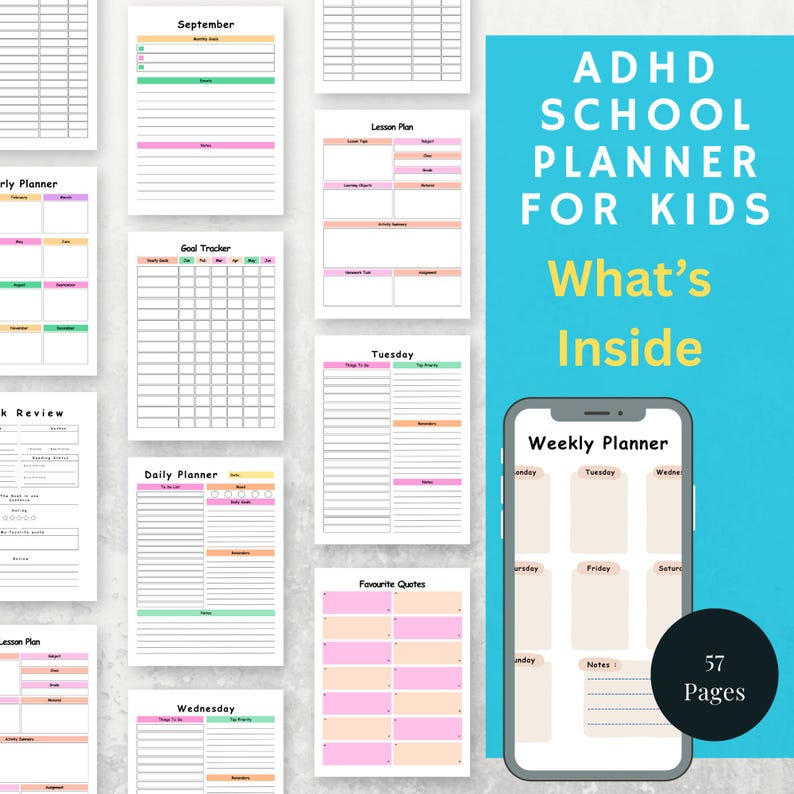 ADHD Kids School Planner | Editable Canva PDF Organizer (57 Pages) - Etsy