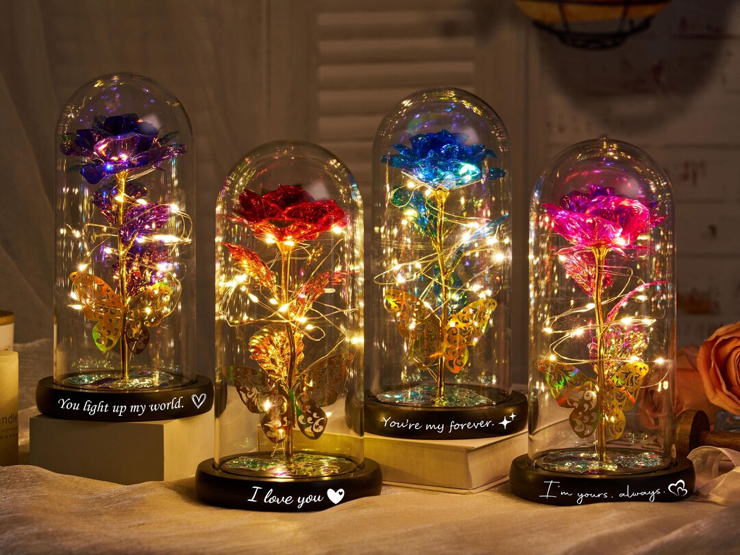 Personalized Foil Rose Under Glass Dome With LED, Custom Valentine's ...
