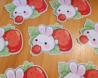 Adorable Bunny With Strawberry Bonnet Vinyl Sticker | Cute Stationery ...