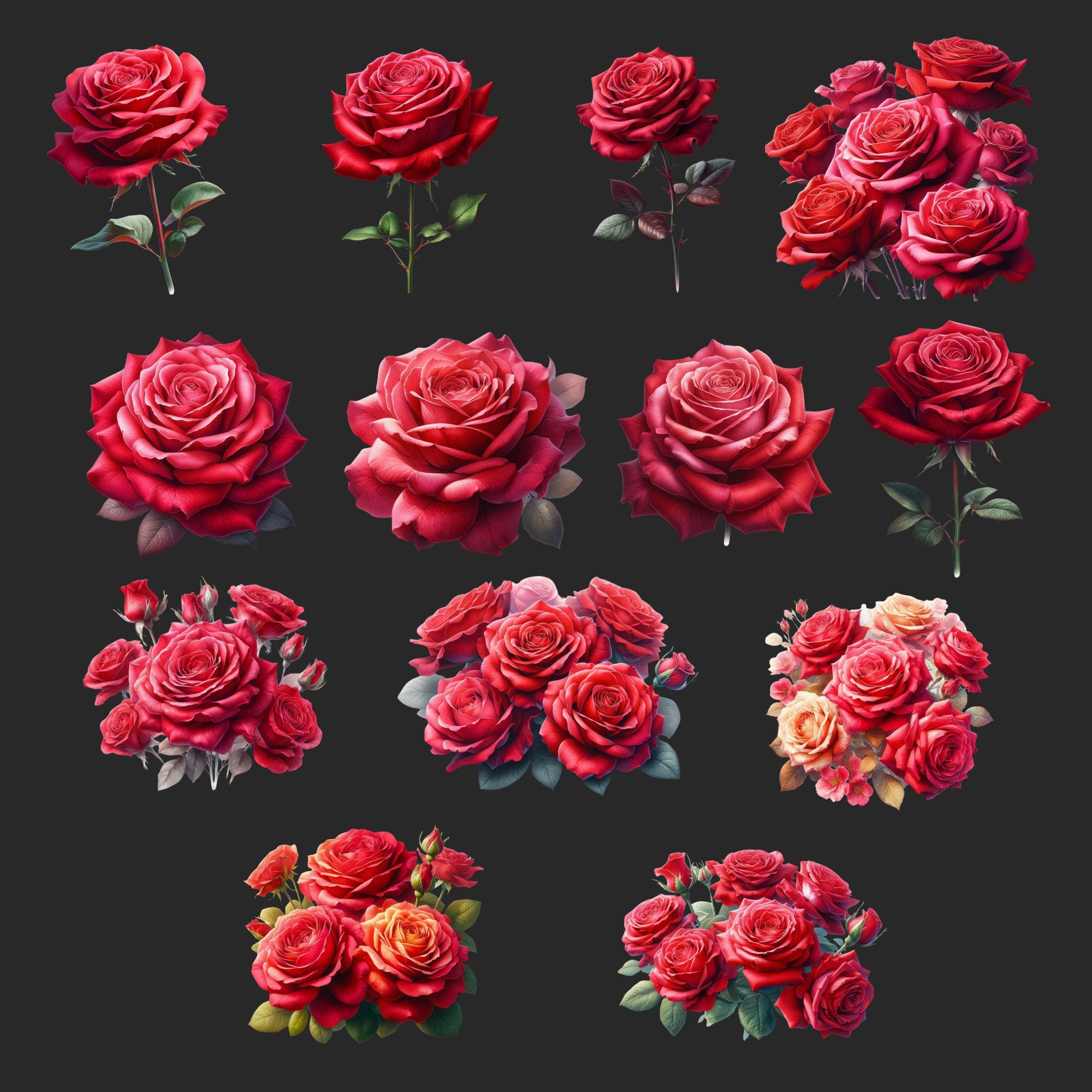 18 Red Roses PNG, Sublimation, Clipart Bundle, Clipart Bundle ...