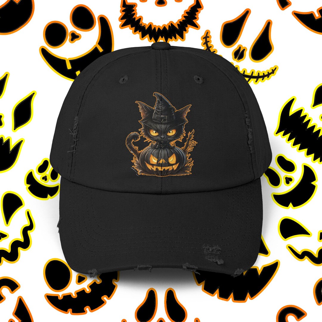 Distressed Witch Cat Halloween Hat Gothic Black Cat & Pumpkin Graveyard ...