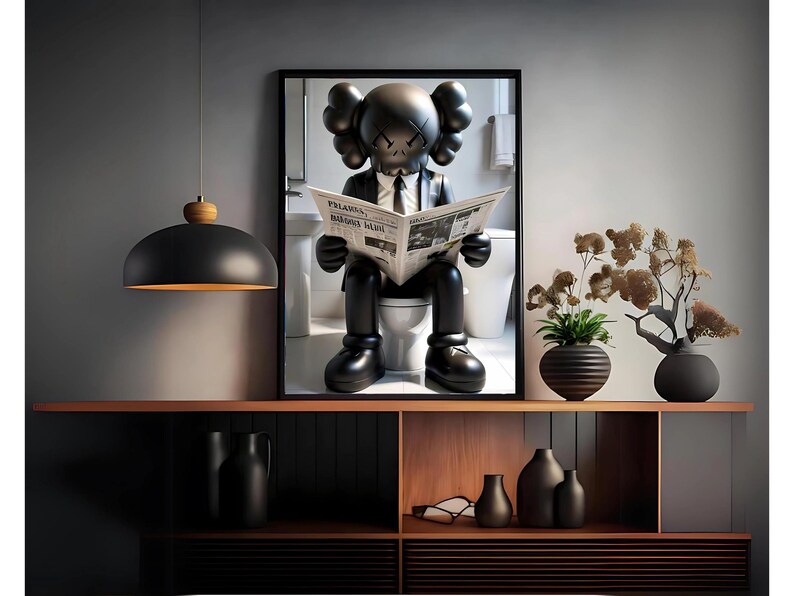 Kaws Sitting on Toilet Reading Newspaper Poster, Hypebeast Figure Print ...