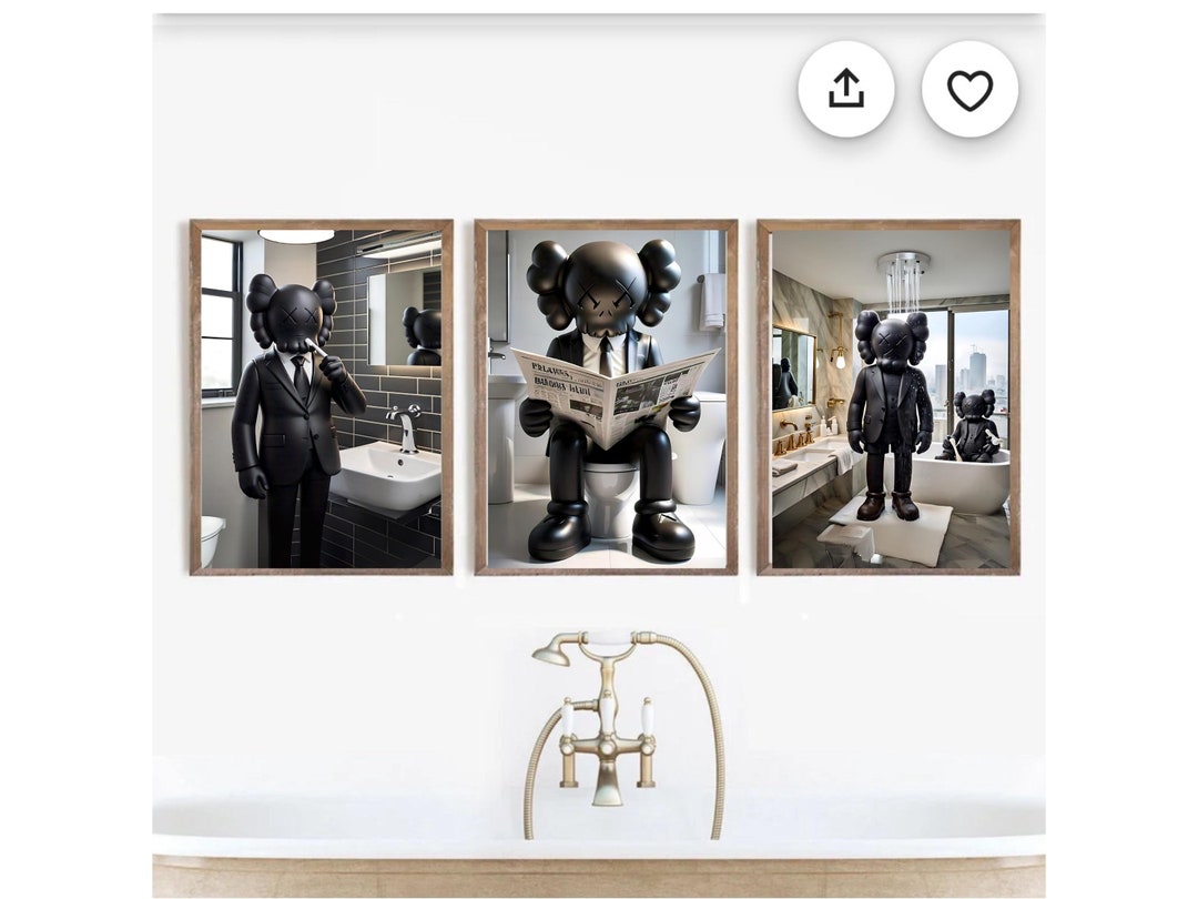 Set of 3 Kaws Bathroom Poster, Kaws Sitting on Toilet Reading Newspaper ...
