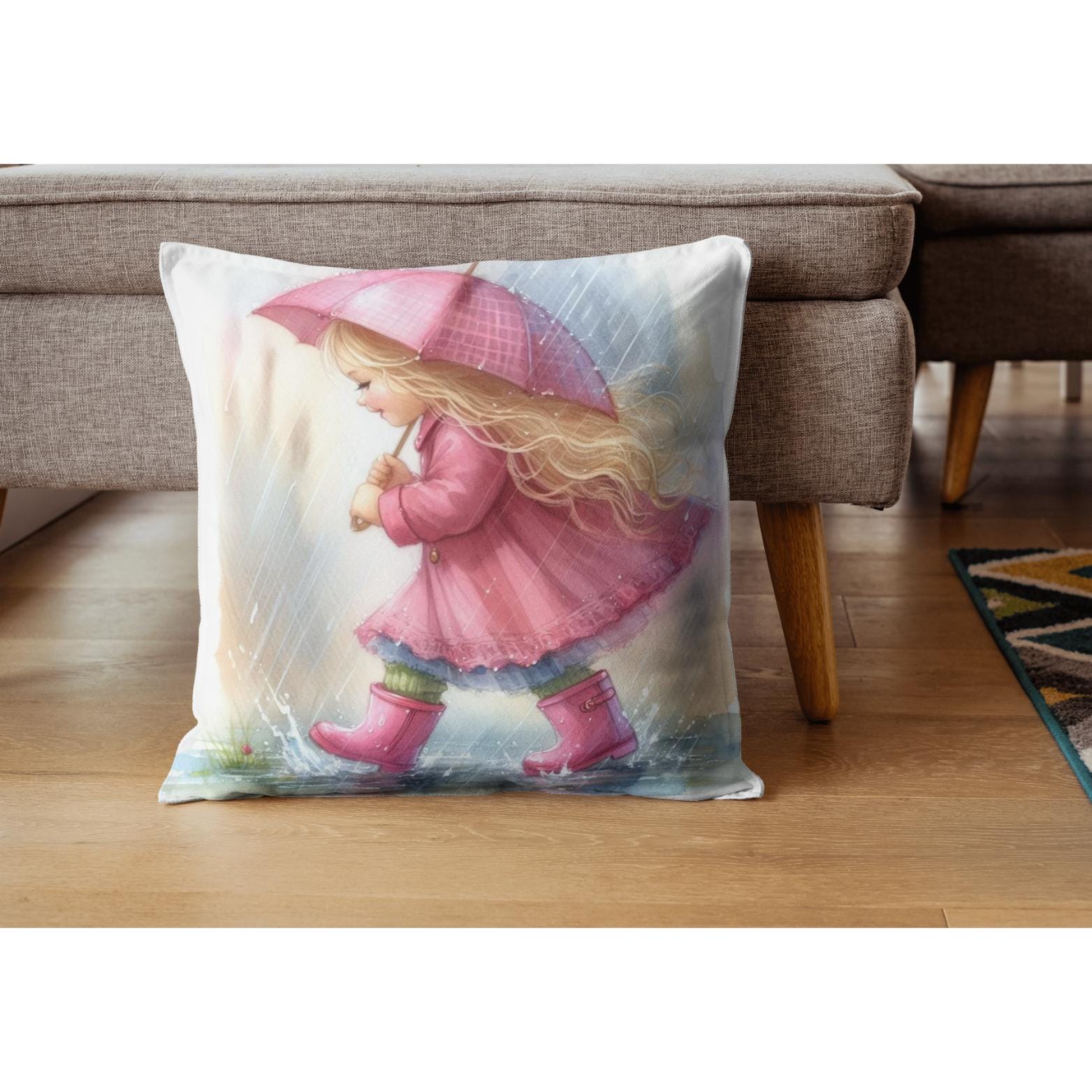 Little Girl Playing in the Rain Clipart, Watercolor Girl in Rain Images ...