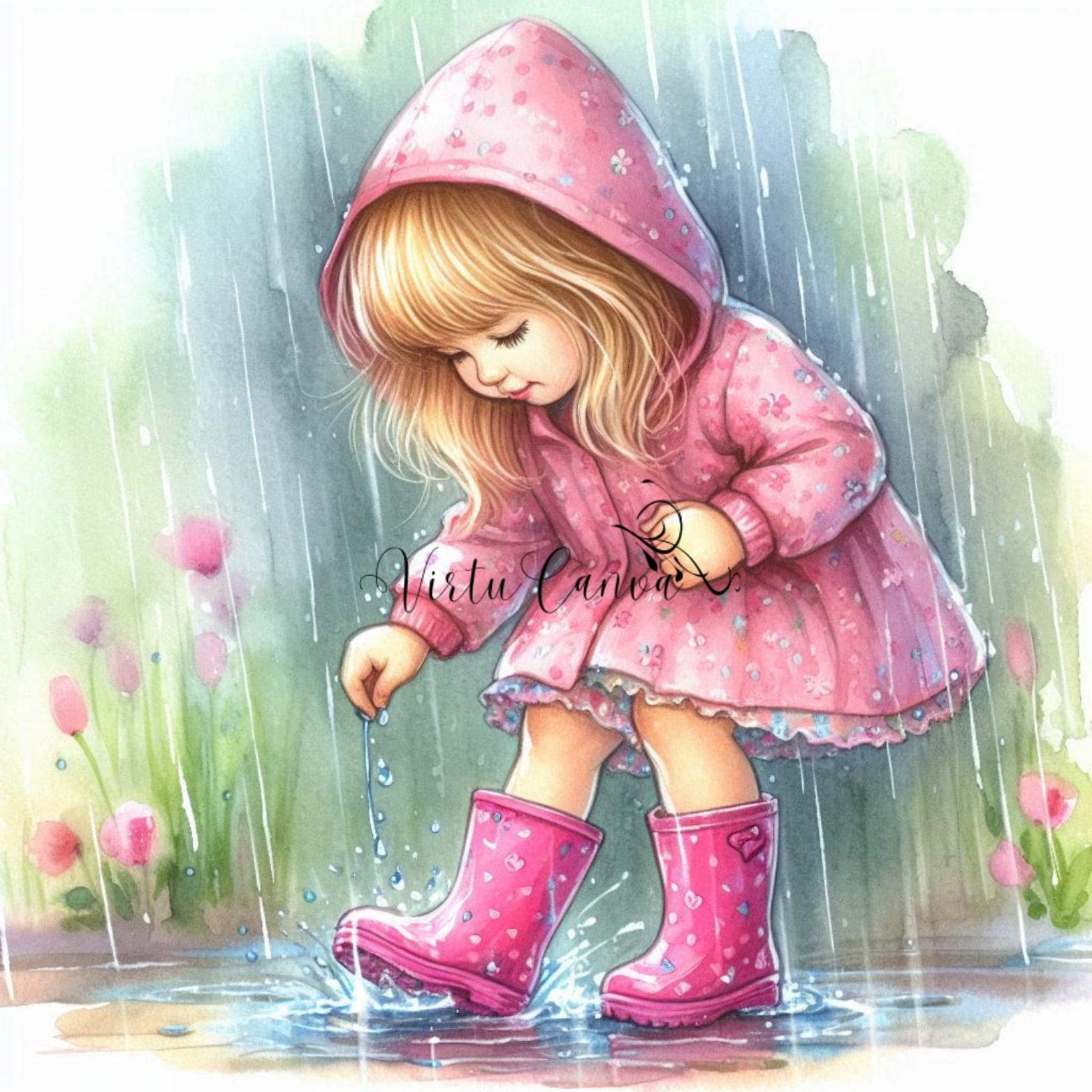 Little Girl Playing in the Rain Clipart, Watercolor Girl in Rain Images ...