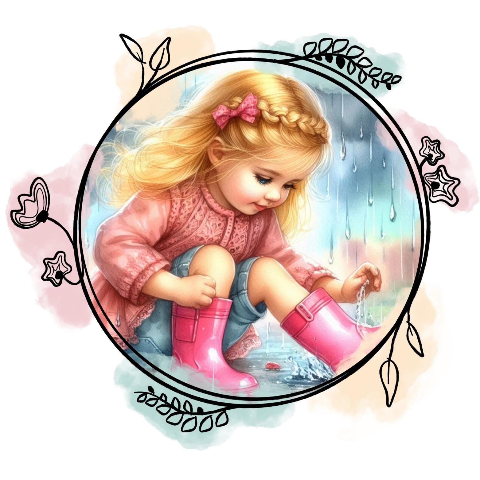 Little Girl Playing in the Rain Clipart, Watercolor Girl in Rain Images ...