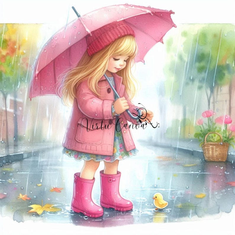 Little Girl Playing in the Rain Clipart, Watercolor Girl in Rain Images ...