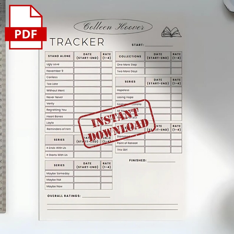 Printable Colleen Hoover Books Tracker Reading List Tracker Instant ...