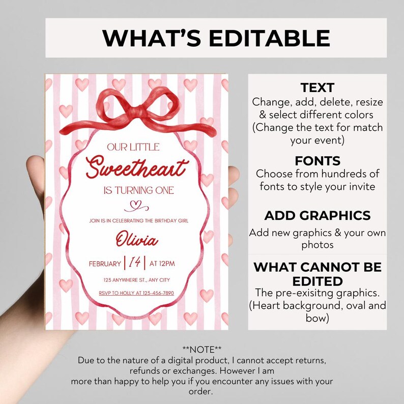 Sweetheart Baby Shower Invitation, Hearts and Bows, Canva Template ...