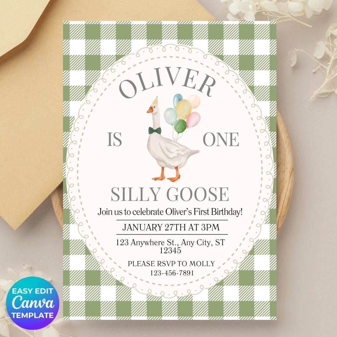 Silly Goose 1st Birthday Invitation, Gingham, Vintage Animals (canva ...