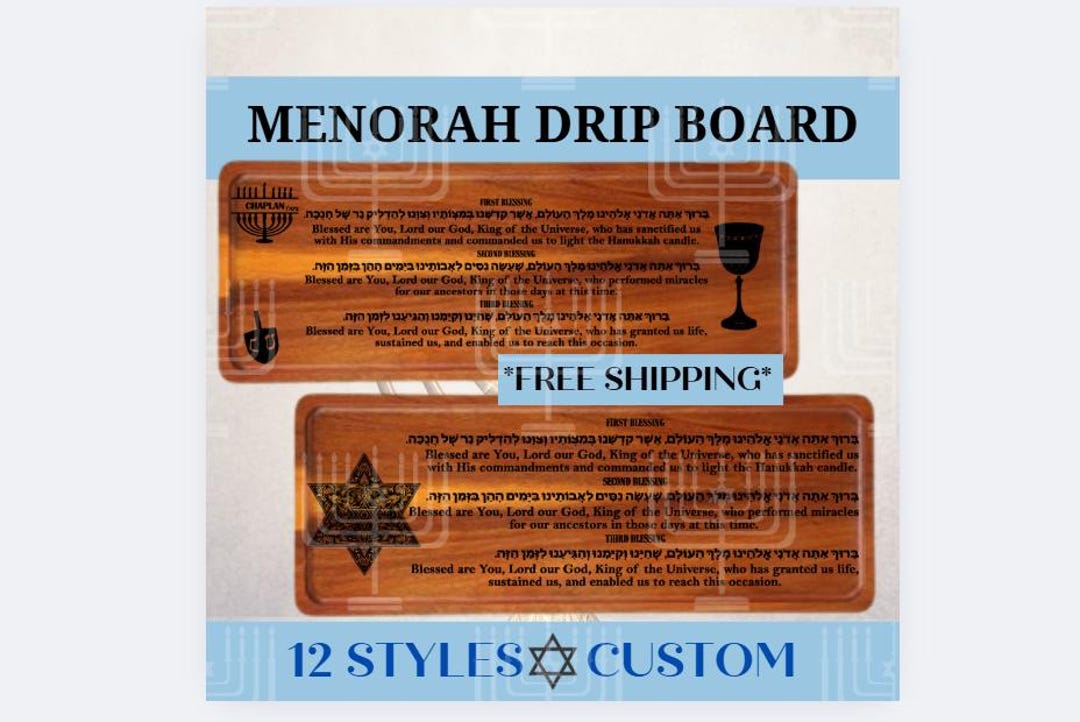 Custom Menorah Drip Board, Acacia Wood Hanukkah Tray, Hebrew & English ...