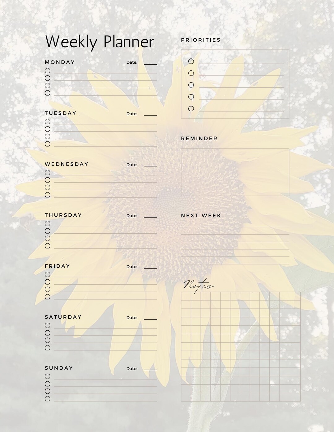 Weekly Planner With Sunflower Background - Etsy
