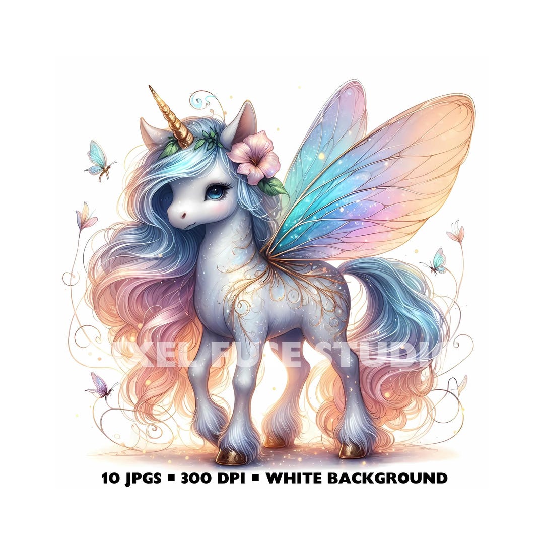 Fantasy Fairy Unicorn Clipart Set, Pastel Watercolor Horse Art for ...