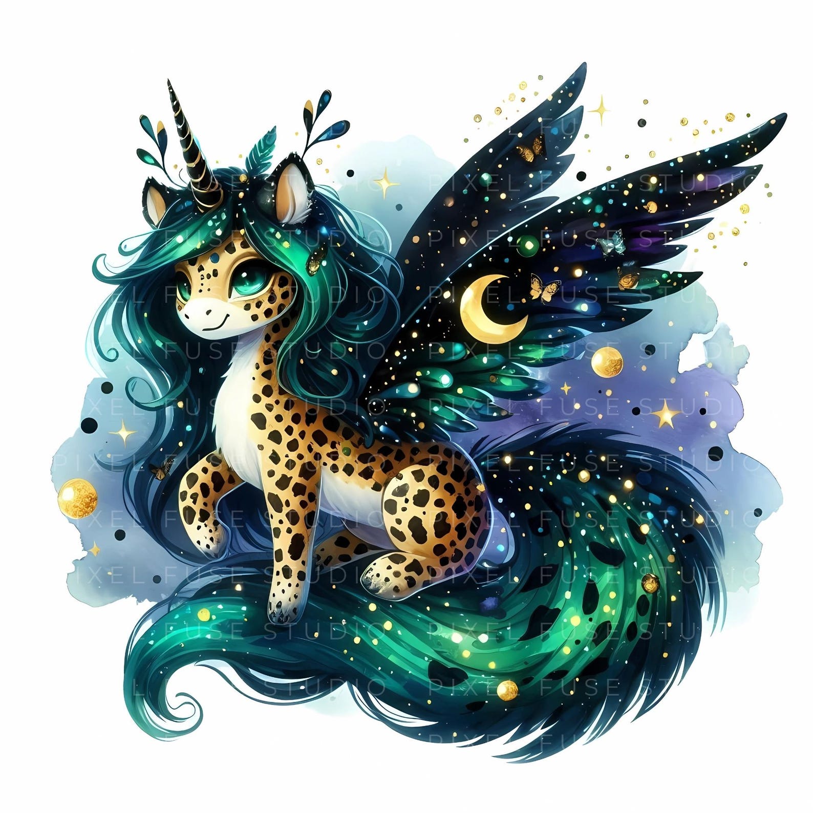 Fairy Leopard Unicorn Clipart JPG, Magical Jungle Pegasus Art, Green ...