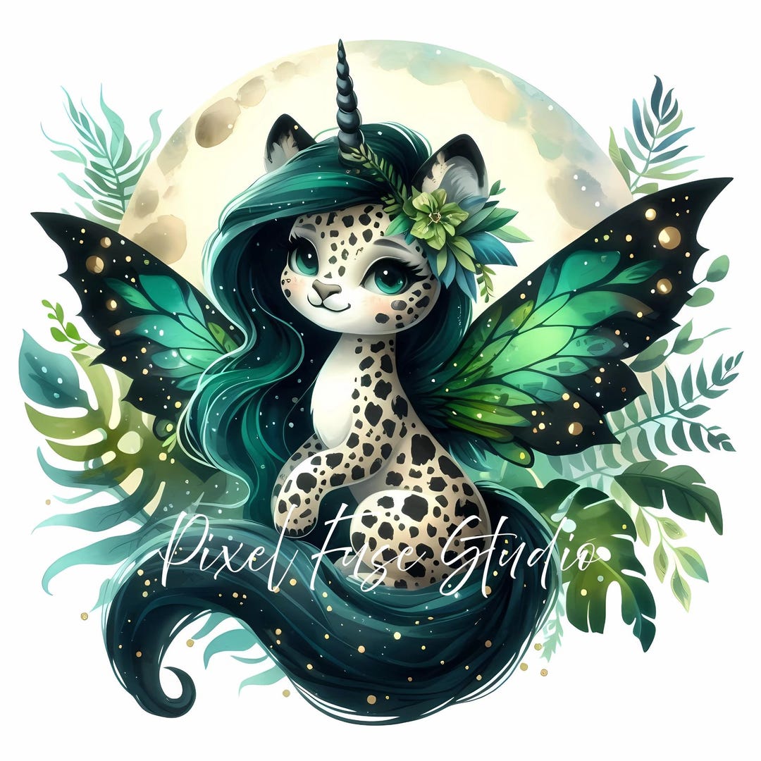 Fairy Leopard Unicorn Clipart JPG, Magical Jungle Pegasus Art, Green ...