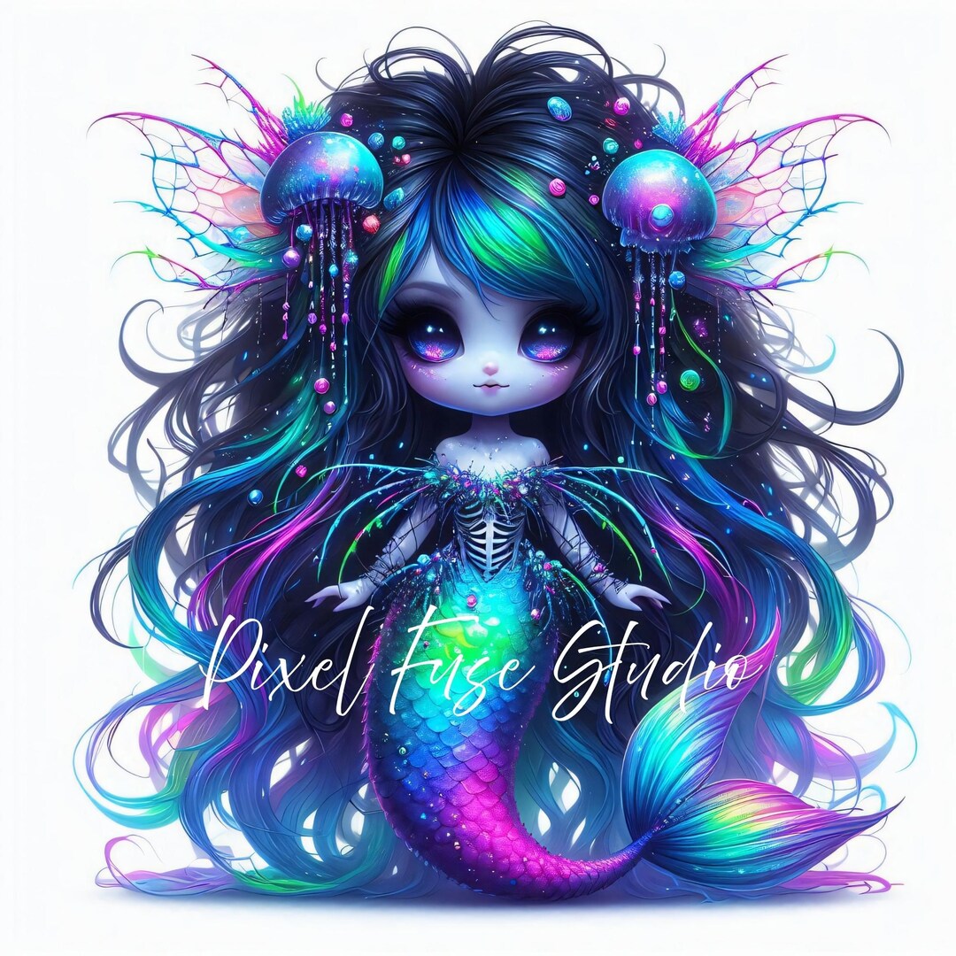 Pastel Goth Mermaid Clipart Chibi Ocean Girl Fantasy Sea Creature Art ...