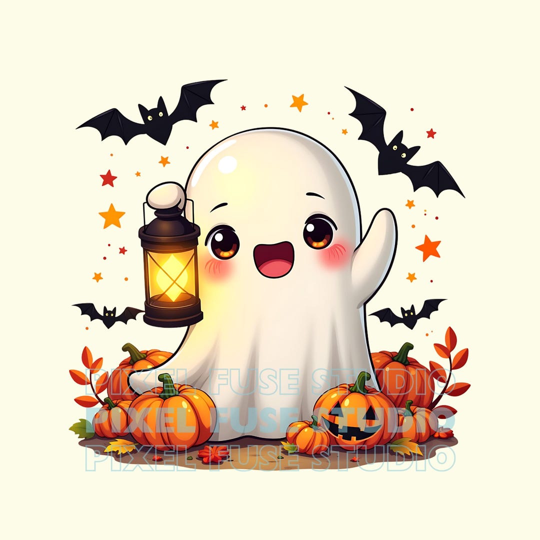 Cute Ghost Chibi With Lantern, Kawaii Halloween Art, Digital Download ...