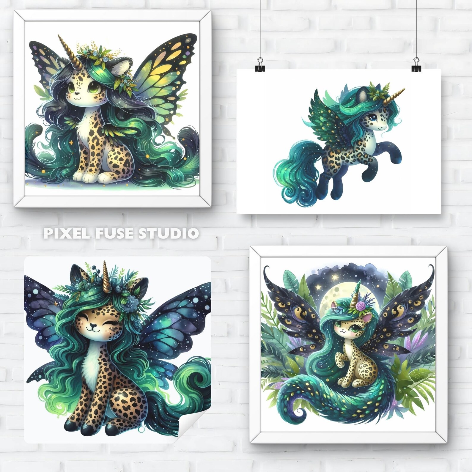 Fairy Leopard Unicorn Clipart JPG, Magical Jungle Pegasus Art, Green ...