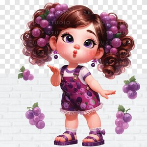 Grapes Girl PNG Clipart Set, Cute Chibi Girl Clip Art, Kawaii Summer ...